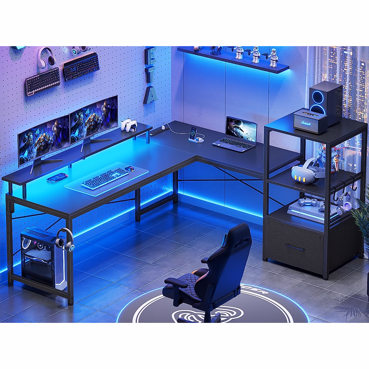 SEDETA L Shaped Gaming Desk, 51" Computer Desk with Storage Shelves, Gamer Desk with Power Outlets & LED Lights, Fabric Drawer, Monitor Stand and Hooks, Black