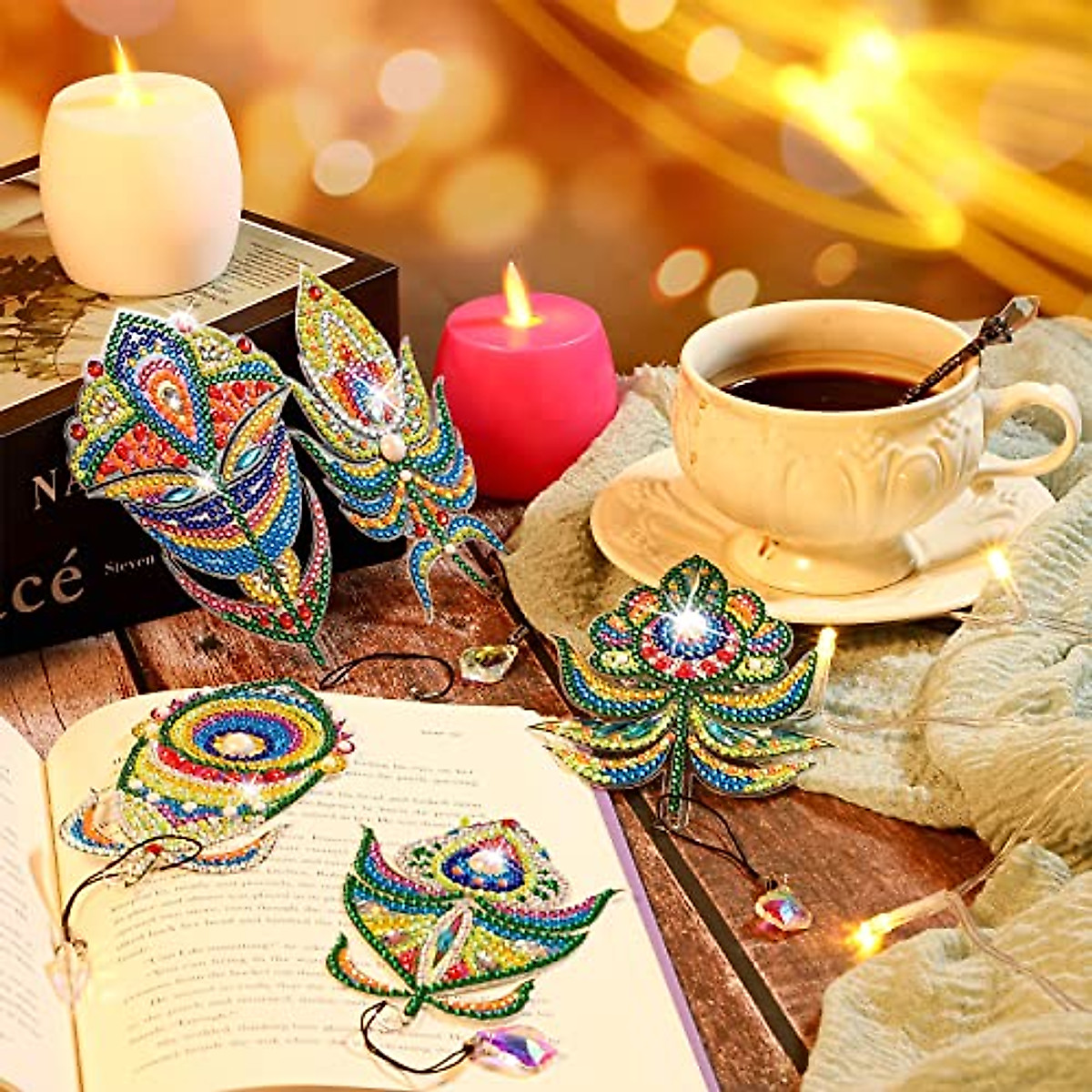 6 Pcs Diamond Painting Bookmarks Kit 5D DIY Feather Rhinestones Bookmark for Kids Adults PVC Art Bookmarks with Crystal Pendant for Crafts School Beginner Office Home, 6 Styles (Exotic)