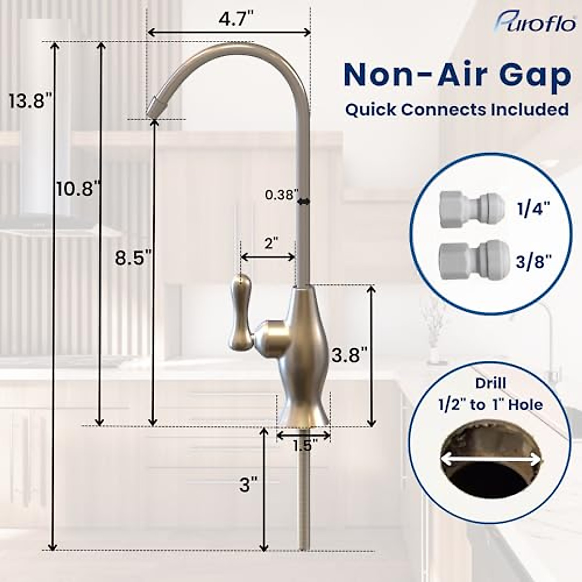 Puroflo Brushed Nickel Reverse Osmosis Faucet, NSF Certified Lead-Free Drinking Water Faucet for Under Sink Water Filtration System, Non-Air Gap Brushed RO Faucet, Filtered Water Faucet FLR-575BN