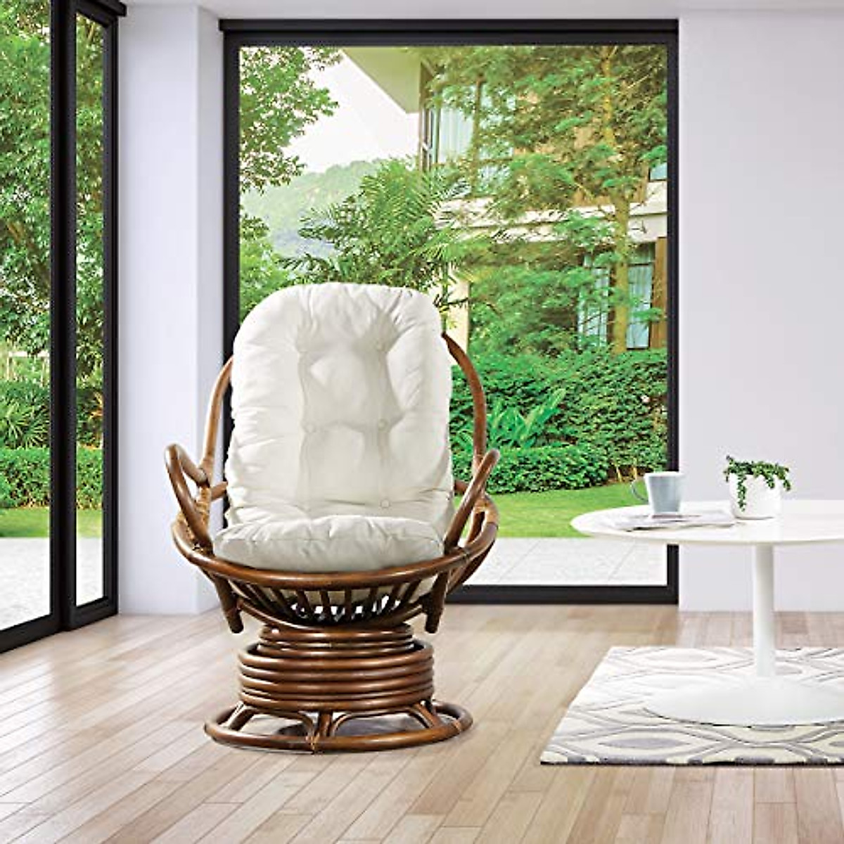 OSP Home Furnishings Kauai Swivel Rocker Chair with Brown Rattan Frame, Linen Fabric