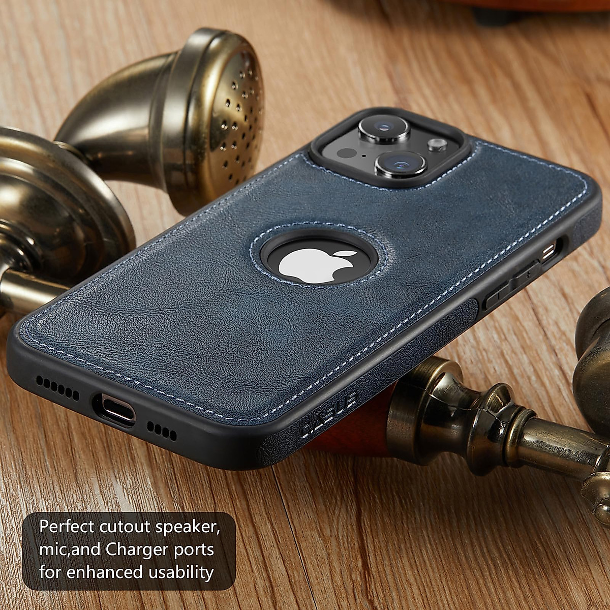Casus Designed for iPhone 15 Case Vegan Leather Slim Logo View Classic Luxury Elegant Thin Protective Cover (2023) 6.1" (Blue)