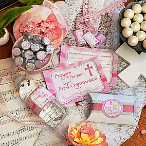 First Holy Communion Religious Thank You Sticker Labels for Girls (Light Skin, Blond Hair), 40 2" Party Circle Stickers by AmandaCreation, Great for Party Favors, Envelope Seals & Goodie Bags