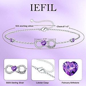 Love Heart Birthstone Bracelet for Women, 925 Sterling Silver Birthstone Zirconia Anniversary Valentines Day Gifts for Her Mothers Day Christmas Birthday Gifts for Women Teen Girls, Created Amethyst