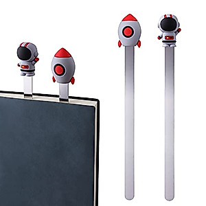 2PCS Metal Bookmark Cartoon Astronaut Rocket Bookmarks Unique Perfect Space Theme Page Markers Set Graduation Gifts for Kids Teens Adults Book Lovers Writers Readers Students Teachers Reading