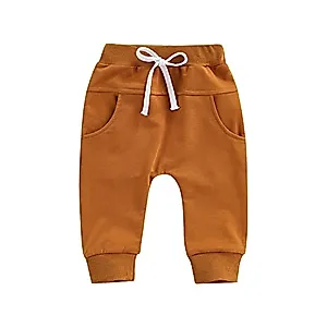 WALLARENEAR Baby Boys Girls Pants Plain Baby Joggers Elastic Waist Casual Trousers Toddler Sweatpants with Pockets (Brown, 0-6 Months)