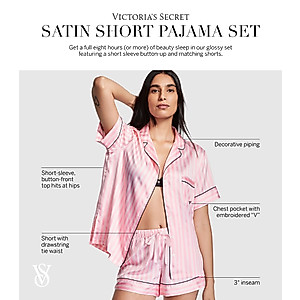 Victoria's Secret Satin Short Pajama Set, Silk Pajamas, PJ Set for Women, 2 Piece Lounge Set Silk PJs, Women's Sleepwear, Pink (XL)