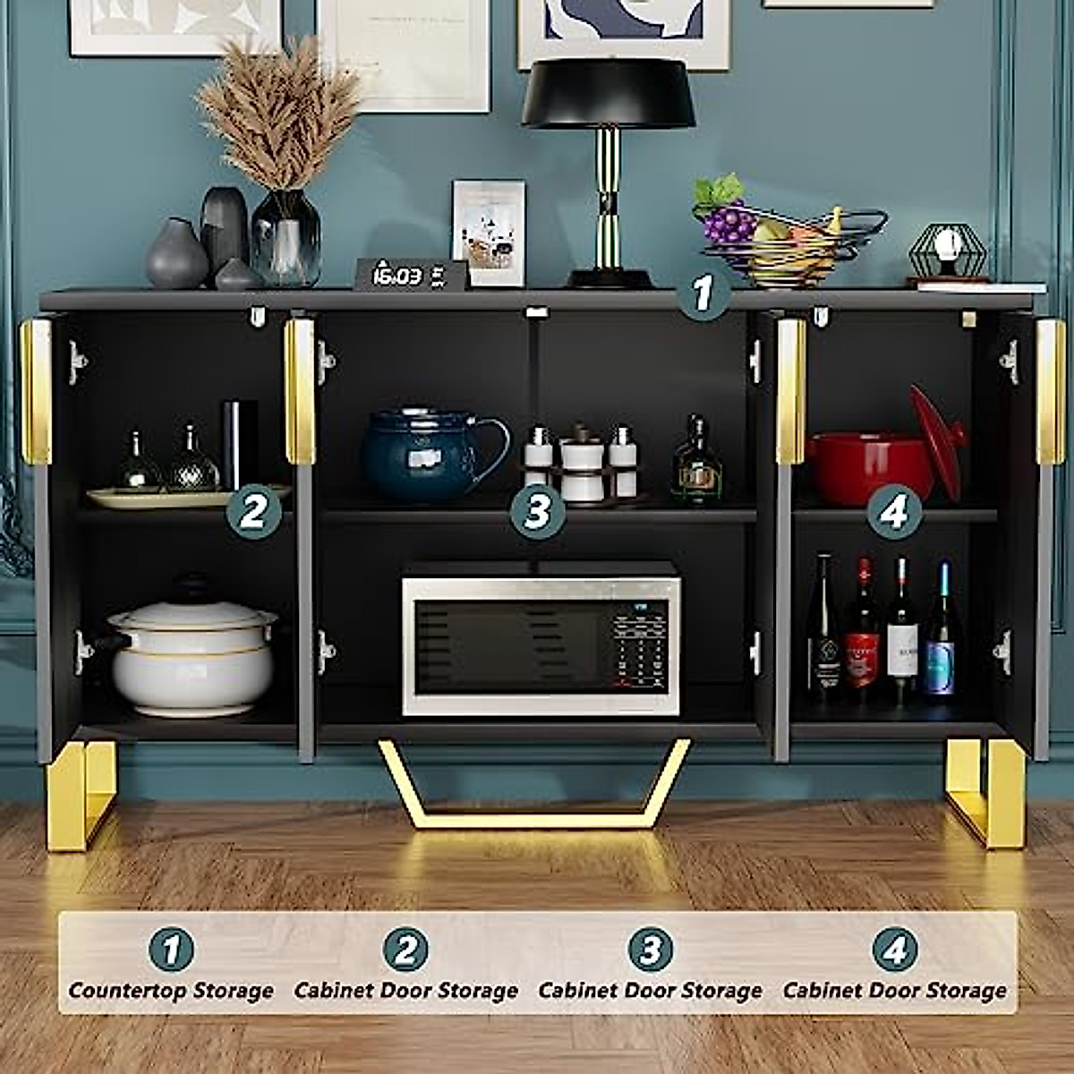 Zevemomo Buffet Sideboard Storage Cabinet for Living Room Coffee Bar Console Table with Adjustable Shelf, 4 Doors, Black