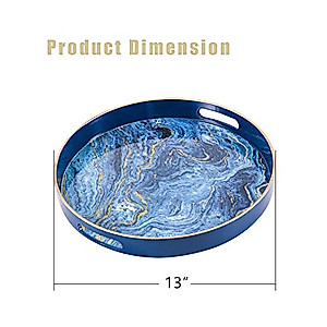 Zosenley Round Decorative Tray, Marbling Plastic Tray with Handles, Modern Vanity Tray and Serving Tray for Ottoman, Coffee Table, Kitchen and Bathroom, Size 13”, Blue