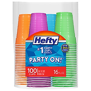 Hefty Party On Disposable Plastic Cups, Assorted, 16 Ounce, 100 Count