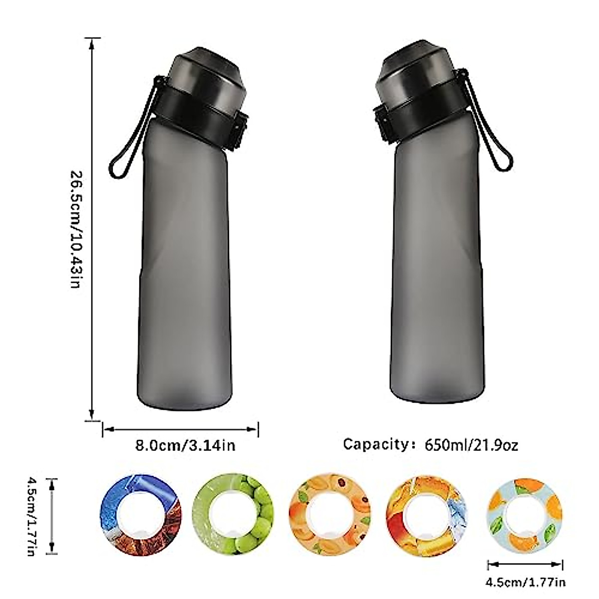 Water Bottle with Flavor Pods,Fruit Fragrance Water Bottle,Scent Water Cup,Sports Water Cup Suitable for Outdoor Sports(A.21.9Oz(Black)+6 Pods)
