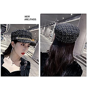 Women Plaid-Tweed Newsboy-Baker-Boy Hat Captain-Sailor Fisherman Hat Peaked-Beret with Chain Black