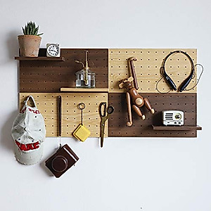 XAOHOME Wooden Pegboard, Sturdy Peg Board for Walls Modular Grid Organizer, DIY Storage and Display Panels with Shelves and Brass Hooks(Yellow)