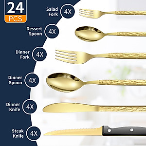 Premium 24-Piece Stainless Steel Cutlery Set with Steak Knives - Golden Silverware Set for Elegant Dining Experience