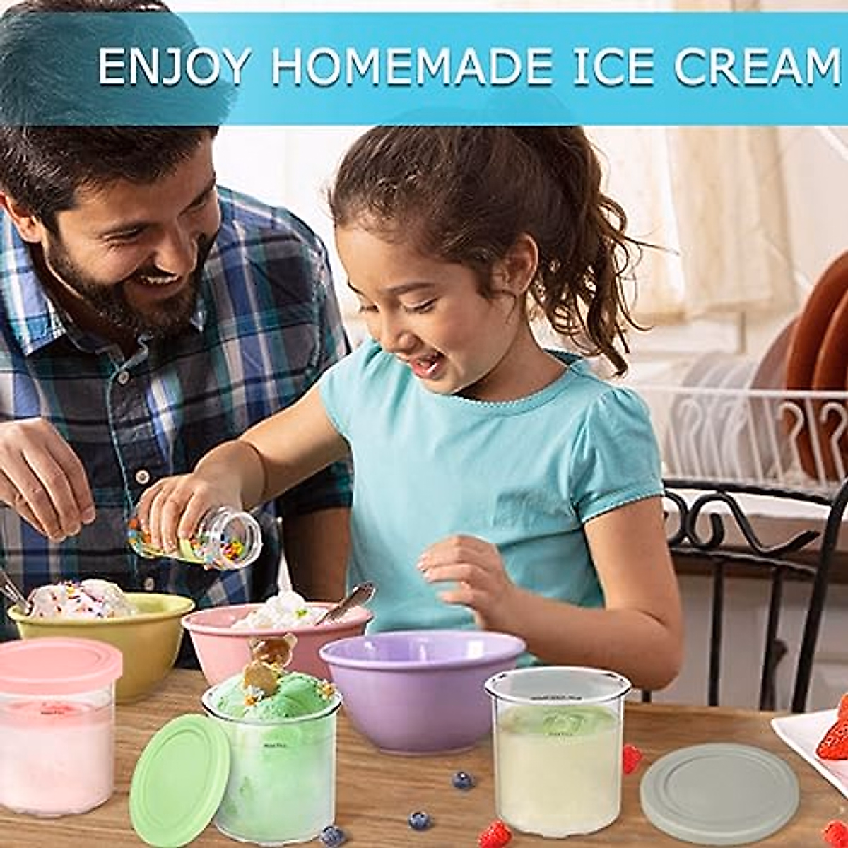 EVANEM 2/4/6PCS Creami Pint Containers, for Ninja Pints with Lids,16 OZ Pint Frozen Dessert Containers Bpa-Free,Dishwasher Safe Compatible with NC299AMZ,NC300s Series Ice Cream Makers,Gray+Blue-6PCS