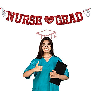 Nurse Grad Banner - Congrats RN/BSN Graduation Sign - Future Nurse/Medical/Nursing School Graduation Party Decorations Supplies, Red Glitter