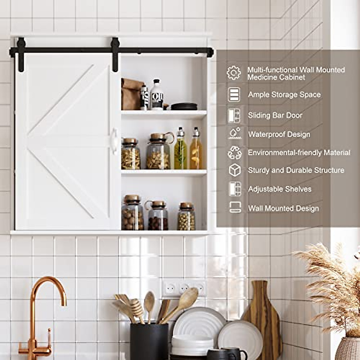 Wood Storage Wall Cabinet,Bathroom Hanging Cabinet with Sliding Barn Door and 3 Tiers Adjustable Shelf, Medicine Cabinet or Farmhouse Storage Wall Cabinet for Kitchen, Bathroom, Living Room,White