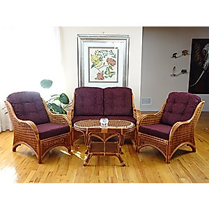 Jam Living Set of 2 Lounge Natural Rattan Chairs Loveseat with Dark Brown Cushions and Coffee Table w/Glass Handmade Design, Cognac