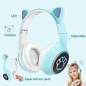 OONOL Kids Wireless Bluetooth Headphones, LED Light Over Ear Foldable Headphone with Microphone and Wired for Girls Women (Blue)