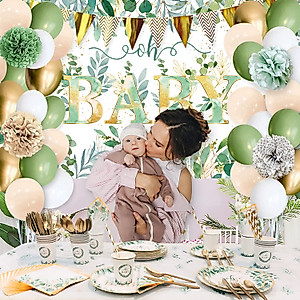 Sage Green Baby Shower Decoration for Girl Boy Kit,239 PCS YHFNDIYS Boho Greency Neutral Party Supplies (20 Guest) with Paper Plates Cups Napkins Straws Oh Baby Tablecloth Backdrop Balloons Arch Kit