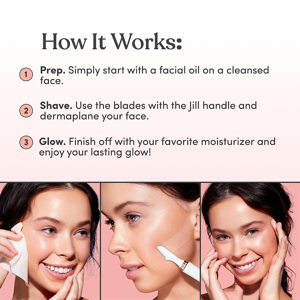 Jill Dermaplane Razor Trial Kit for Women | Facial Hair Removal Dermaplaning Kit Includes 1 Shave Wand, 2 Dermaplane Razors & Cleaning Cloth | Magic Spray Not Included | Supplies for 1 Shave