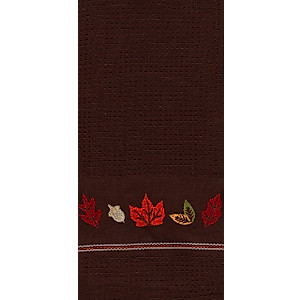 Fall Kitchen Towels Set of 3, Waffle Style with Embroidered Autumn Leaves and Pumpkins, Burgundy, Cream, and Brown Dishtowels with Hanging Loops, 16 x 26 Inches, Cotton Construction