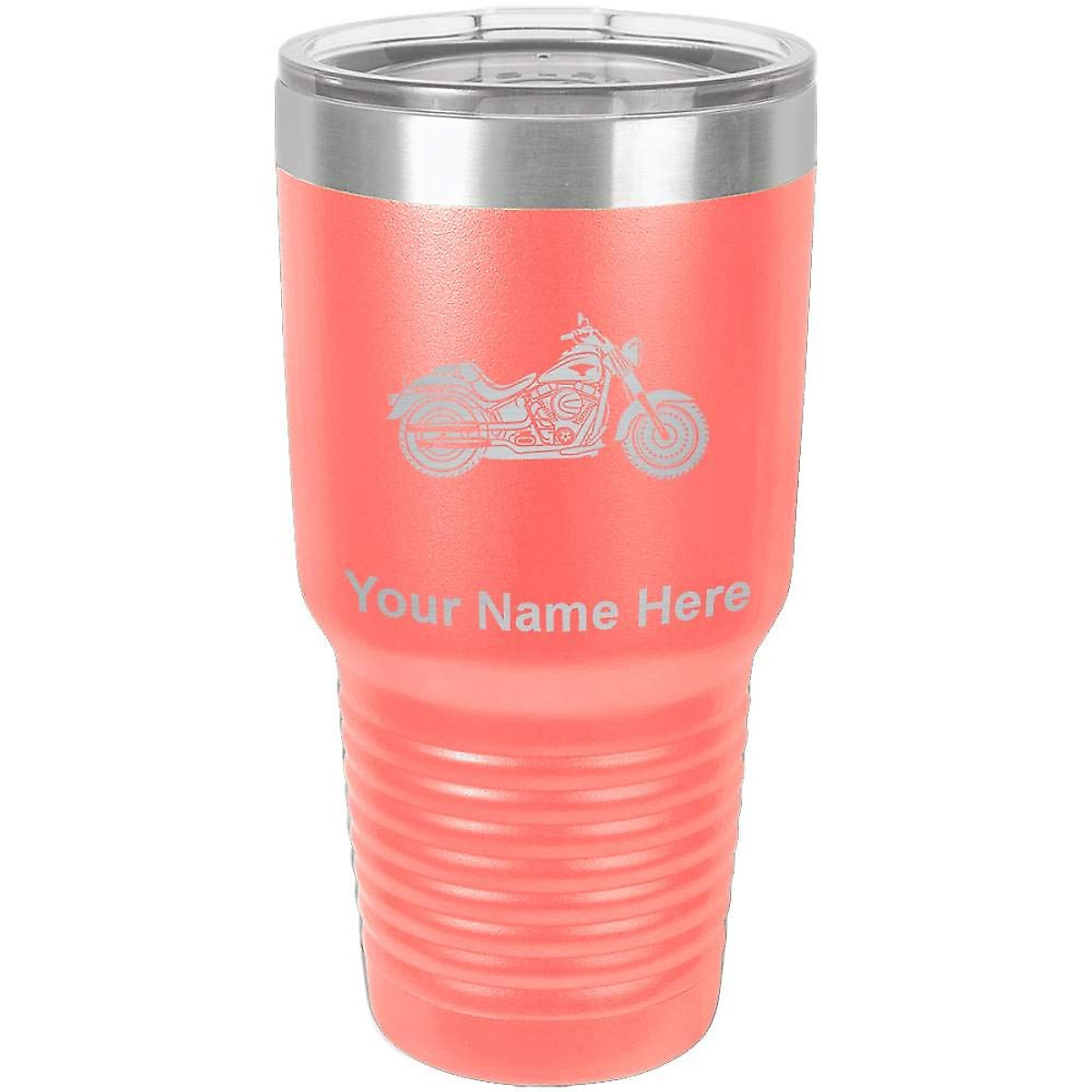 LaserGram 30oz Vacuum Insulated Tumbler Mug, Motorcycle, Personalized Engraving Included (Coral)