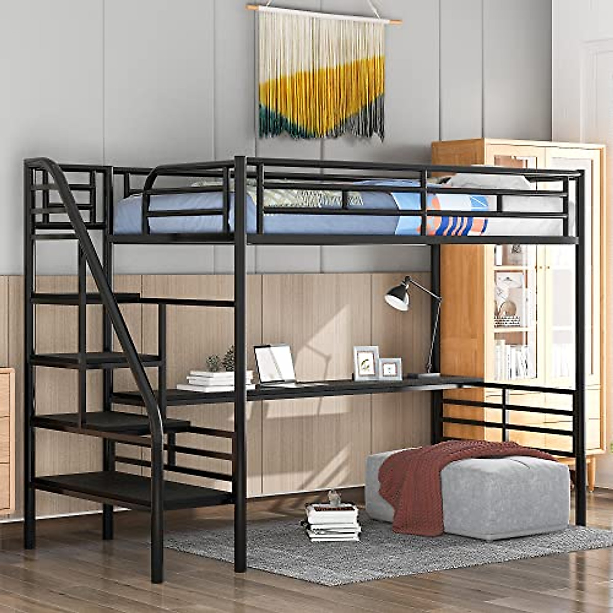 TARTOP Twin Metal Loft Bed with Desk and Stairs for Juniors Heavy Duty Steel Loft Bed for Small Space, No Box Spring Needed,Black