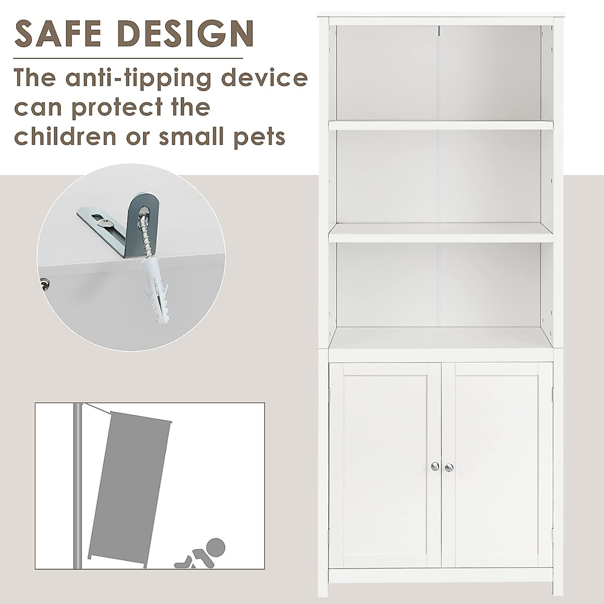 IFANNY Tall Bookshelf with Doors, 3 Shelf Bookcase with Storage Cabinet, Vertical Bookshelves and Bookcases, Modern Display Shelf, Wood Book Shelf for Bedroom, Living Room, Home Office (White)