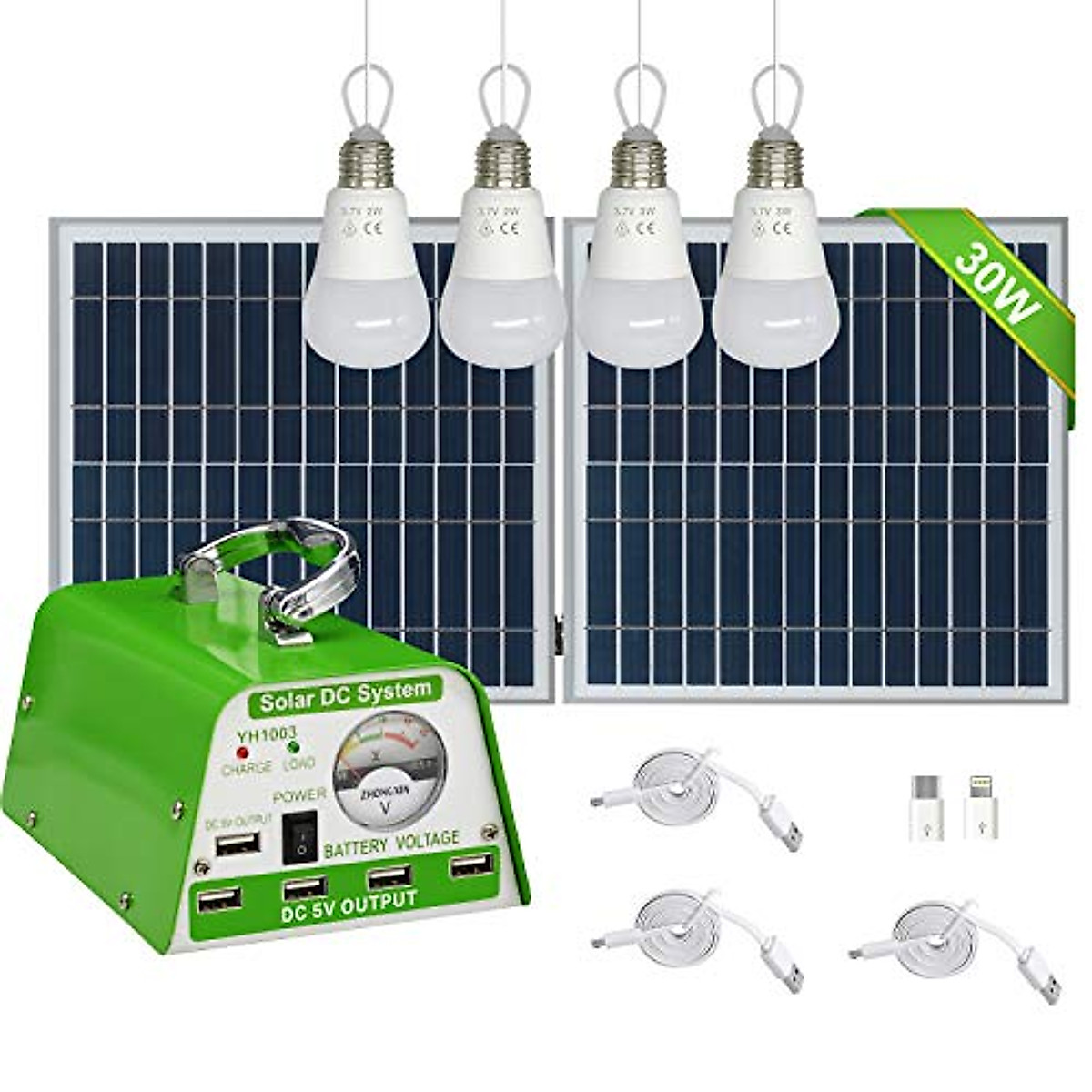 GVSHINE Solar Lights for Inside, 4 Bulbs Solar Shed Lights with On Off Switch, 30W Solar Panel Kit 115WH Backup Battery with Phone Charger, AC to DC Adapter, Home Solar Power System Complete Kit