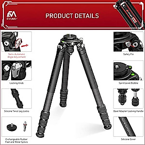 64.9'' Professional Heavy Duty Bowl Carbon Fiber Tripod, EVUMO 10-Layer Carbon Fibre Tube Camera Video Tripod for DSLR Digital Camcorder, with 40mm Leg & 75mm Bowl Adapter, Max Load 88lbs/40kg