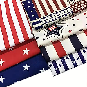 AMORNPHAN 7pcs 4th of July Cotton Fabric Squares Patriotic American Flag Strips Decoration Print Quilting Bundles Fat Quarters for DIY Craft Sewing Patchwork Needlework 16x20 Inches