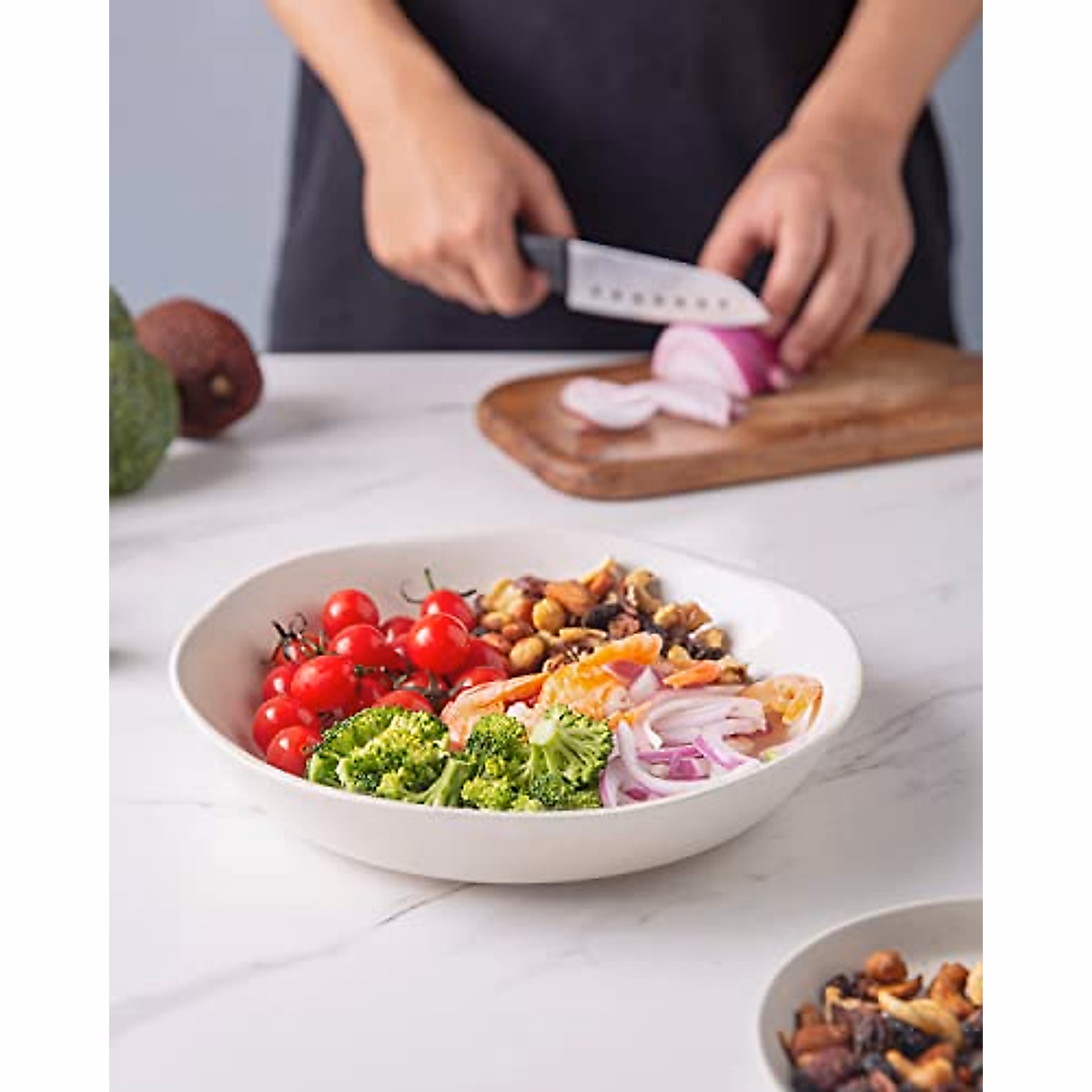 AmorArc 9.75 inch Stoneware Flat Pasta Bowls, 38oz Large Wide Bowls Set of 4 for Kitchen, Microwave Safe Bowls with Wavy Rim for Pasta Salad, Matte White