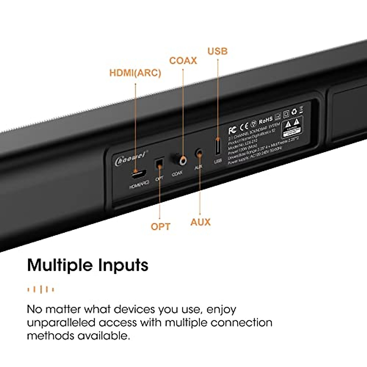 Chaowei Bluetooth TV Sound Bar Speaker 150W with 4 Subwoofers-37 Inch Surround 2.1 Sound System - HDMI,ARC, Optical,AUX,USB,Coaxial Cable Connectivity-Remote Control Included