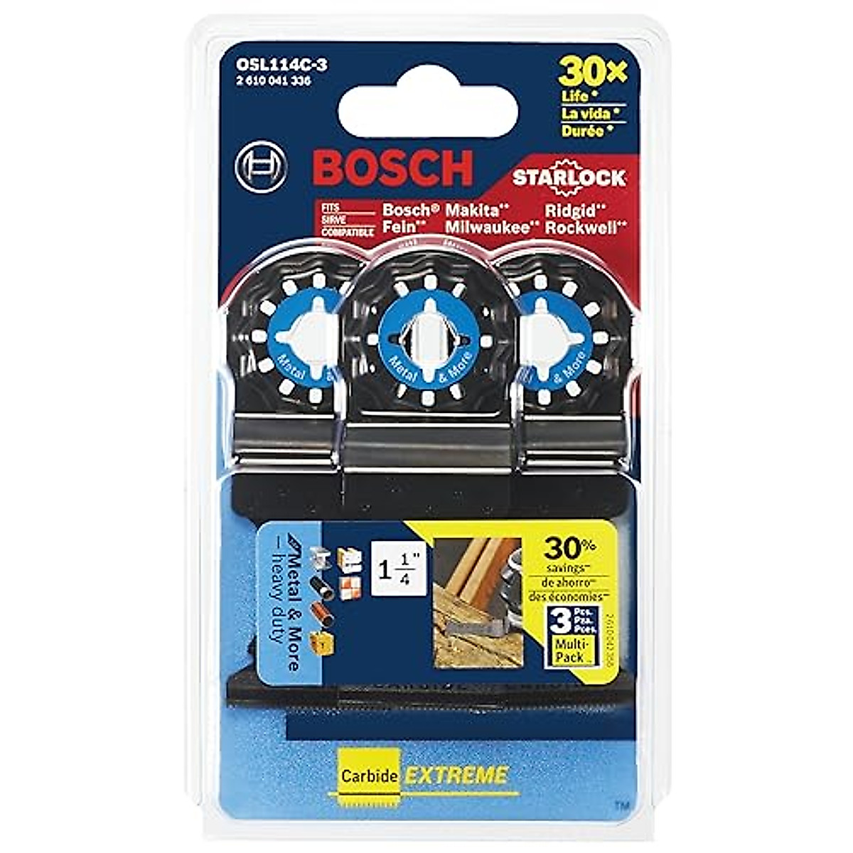BOSCH OSL114C-3 3-Pack 1-1/4 In. Starlock Oscillating Multi Tool Metal & More Carbide Extreme Plunge Cut Blades for Cutting Iron Bar, Metal, Wood with Nails, Drywall and Tile