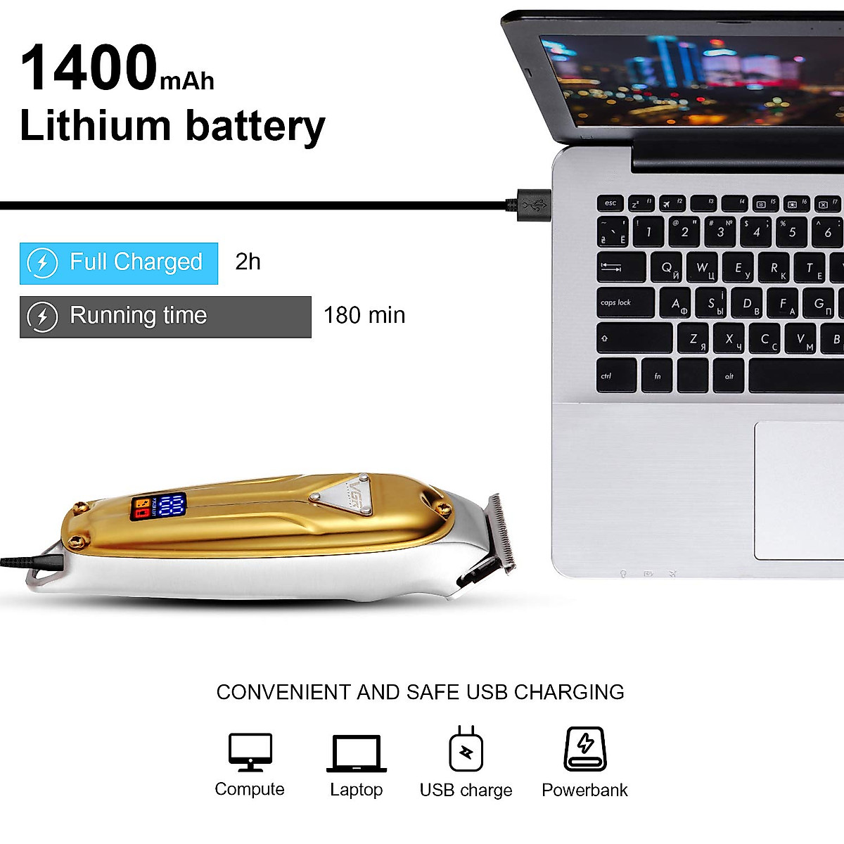 VGR Cordless Hair Clippers for Men Professional, Rechargebale with LED Display, T Outliner Beard Trimmer Barber Haircut Grooming Home Hair Cutting Kit for Kids & Baby - Gloden-1