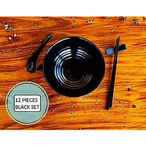 12 Pieces Ramen Set: 4 Black Spoons, 4 Chopsticks And 4 Stand rest. Asian Soup Spoons. Unbreakable Melamine Made. Perfect For Japanese And Chinese Food: Ramen, Wonton, Sushi, Miso, Rice, Pho Soup.