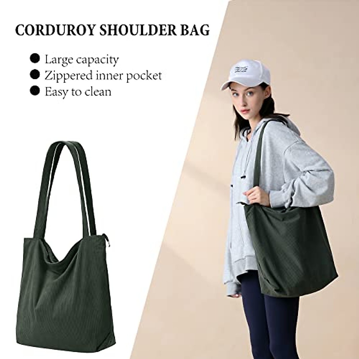 Iioscre Corduroy Tote Bag for Women,Tote Bag with Zipper,Large Capacity Casual Shoulder Handbags with Inner Pockets