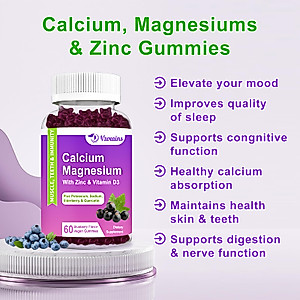 High Absorption Calcium Magnesium Zinc Gummies, Sugar Free Calcium Magnesium Supplement with Potassium Vitamin D3 for Bone & Teeth Strength, Muscle Function - Vegan, Blueberry Flavor 120 Cts