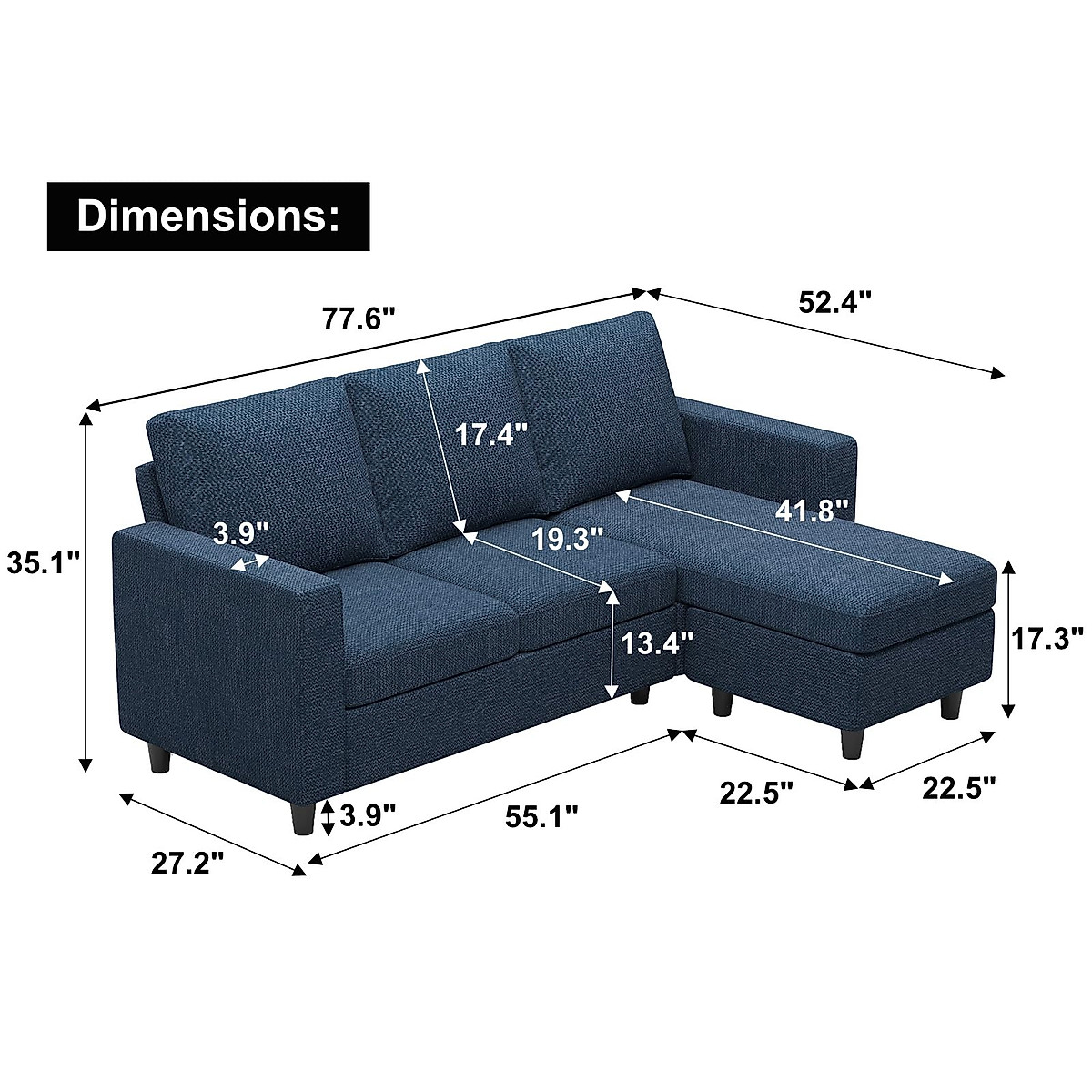 Belffin Convertible Sectional Sofa, L Shaped Modern Couch, Small Couch with Reversible Chaise for Living Room and Small Space, Navy Blue