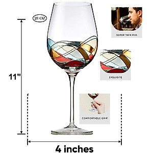 Bezrat Red Wine Glass, Hand Painted Wine Glass, Drinkware Essentials, 11" H, 28oz Wine Lover Large Wine Glass, Glassware Gifts Ideas for Women Inspired by The 'Duomo di Milano'