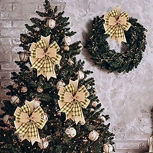 Meseey 2 Pcs 12 x 10 Inch Big Bow Ribbon with Nature Burlap Green Plaid Buffalo Checkered Ribbons and Bow Use for Christmas Gift Wrapping, Party Decoration (Green White )