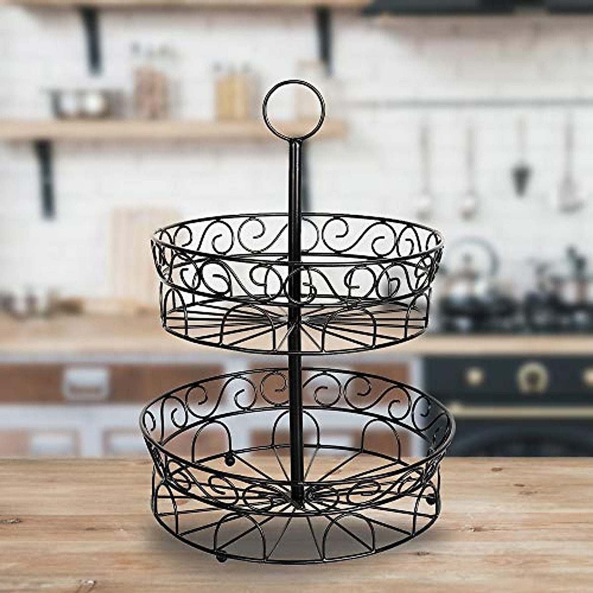 ARTISANS VILLAGE 2 Tier Wire Fruit Basket - Round Metal Standing Basket Display Stand - Screws Free Design for Storing & Organizing Fruits, Vegetables - Freestanding Rustic Decorative Basket