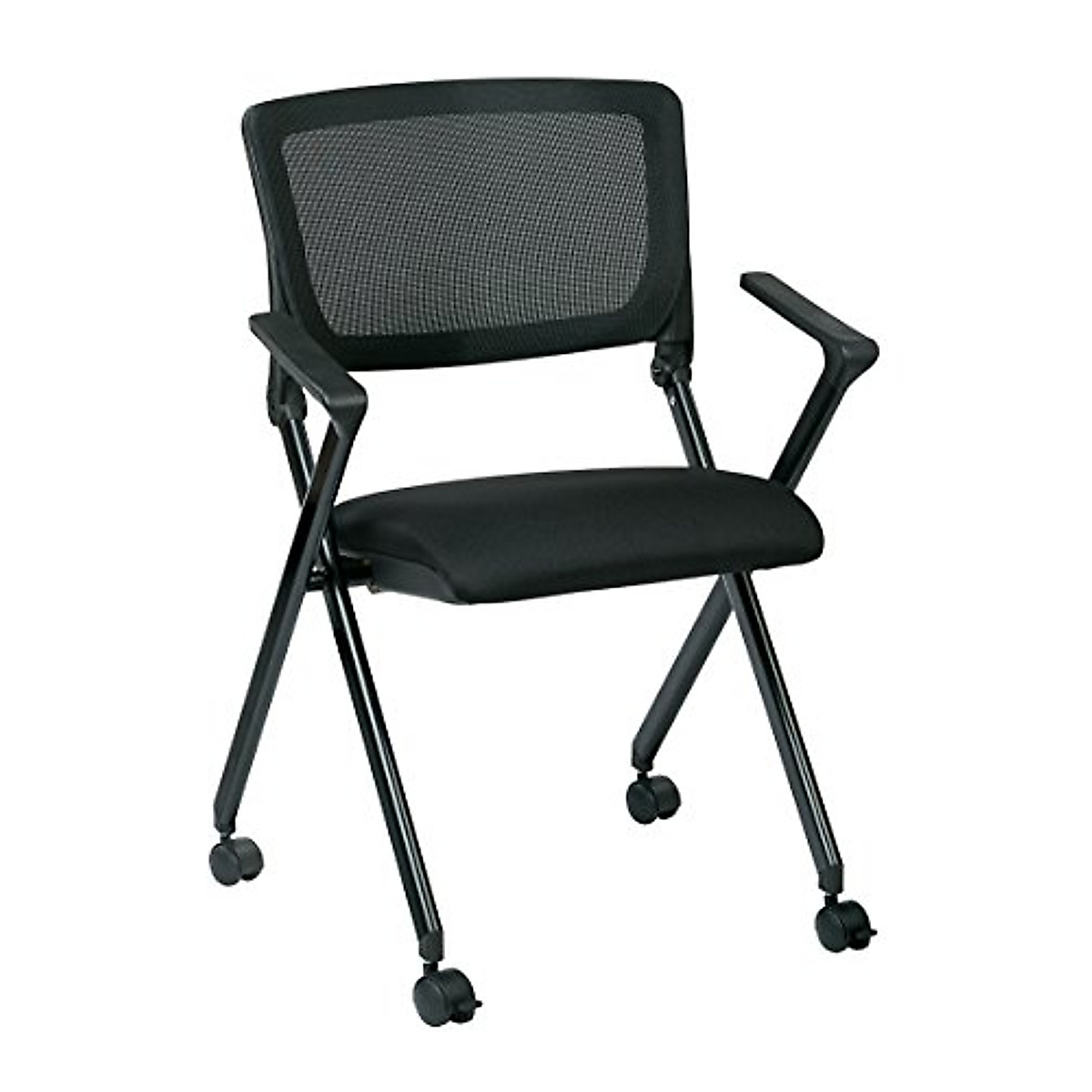 Office Star FC Series 2-Pack Folding Nesting Chairs with Breathable Mesh and Padded Fabric Seat, Icon Black with Black Frame