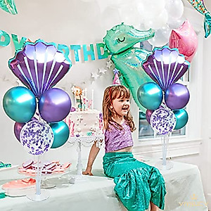 Mermaid Table Centerpiece Balloons Stand Kit 2 Sets with 2 Sea Shells Foil Balloons 14 Purple Blue Latex Balloons for Birthday Beach Mermaid Theme Sea Theme Party Mermaid Birthday Decorations