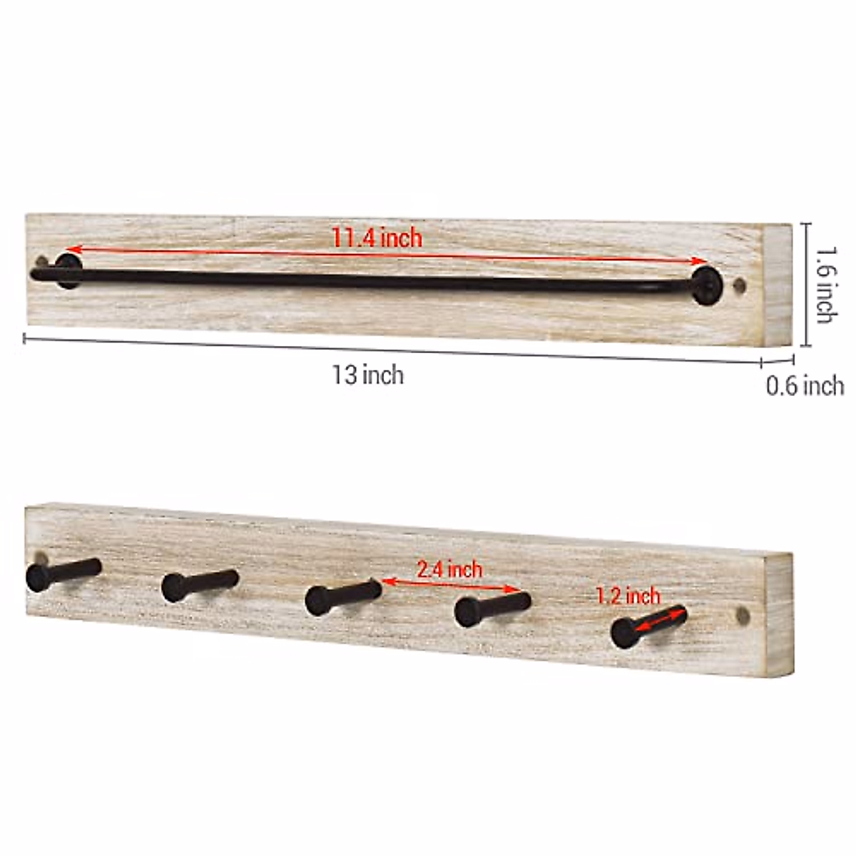 MyGift 2 Piece Set Wall Mounted Wood Sunglasses Organizer Rack and Coat Hook Wall Rack in Whitewashed Finish with Metal Hardware, Entryway Eyeglass Hanger Rail and Key Hooks