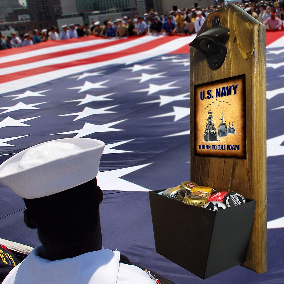 U.S. Navy - Drink To The Foam Bottle Opener and Cap Catcher - Handcrafted by a Vet - Made of 100% Solid Pine 3/4" Thick - Rustic Sign & Bottle Opener - Military Pride