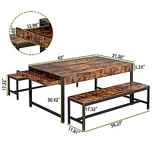 Loomie 63" Dining Table Set for 4-6, 3-Piece Kitchen Table with 2 Utensil Drawers, 2 Benches & Wine Rack, Modern Space Saving & Heavy Duty Dinner Table Set with Metal Frame & MDF Board, Rustic Brown