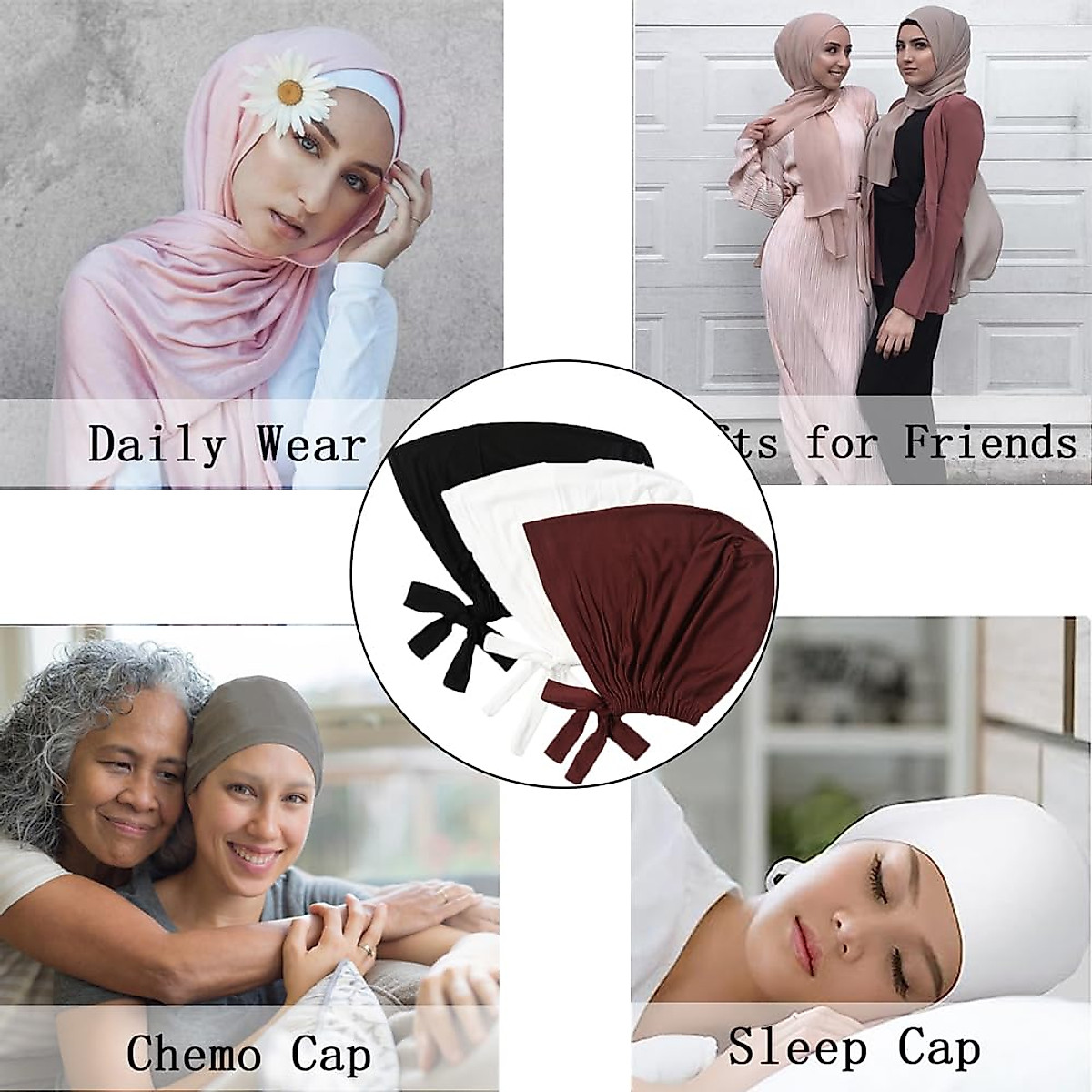 Women's Black Stretch Under Scarf Hijab Cap Solid Color White Hijab Under Caps for Hijabs 2pcs(White+Black)