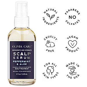 Peppermint & Aloe Hair Scalp Serum by Olivia Care - Natural & Vegan Ingredients - Invigorate, Soothe, Calm, Hydrating Scalp Treatment - Prevent Dryness - 4 FL OZ
