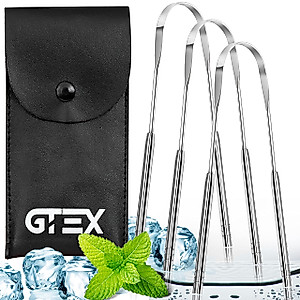 GTEX Tongue Scraper (3 Pack) with Travel Pouch - Medical Grade 100% Stainless Steel Metal Tongue Cleaner for Adults and Kids - 3 Tounge Scrapers